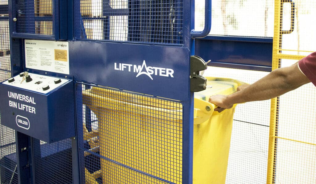 Liftmaster Universal bin lifter, powered/button operated, caged, 250kg ...