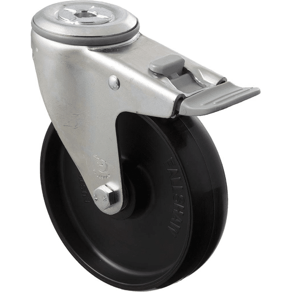 M Series castor, 125mm x 32mm black nylon wheel, swivel zinc fork bolt ...