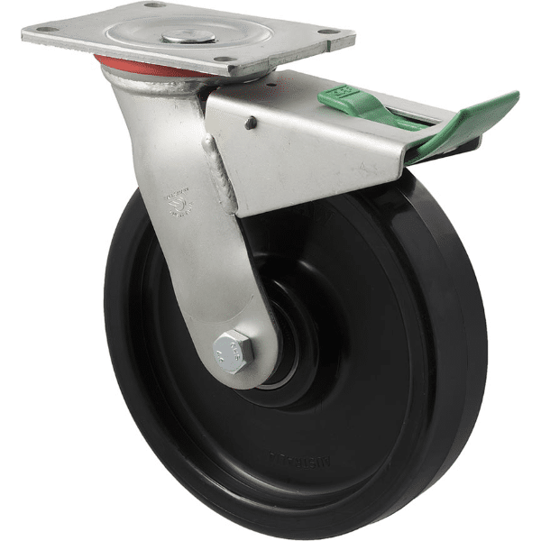 H Series castor, 200mm black nylon wheel, swivel plate castor, direction lock, 600 kg load ...